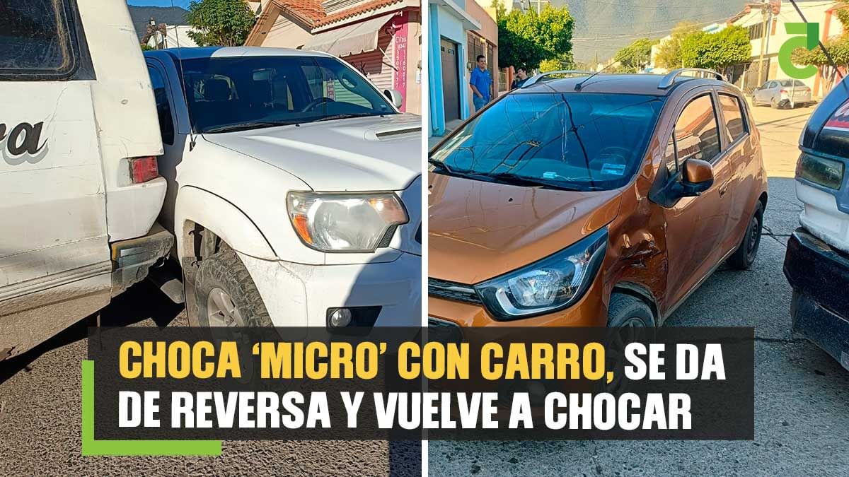 Choca ‘micro’ con carro, se da de reversa y vuelve a chocar